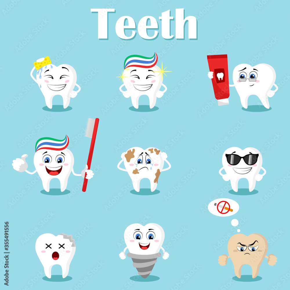 Teeth. Cute cartoon tooth on the blue background. Happy teeth set. Cute ...