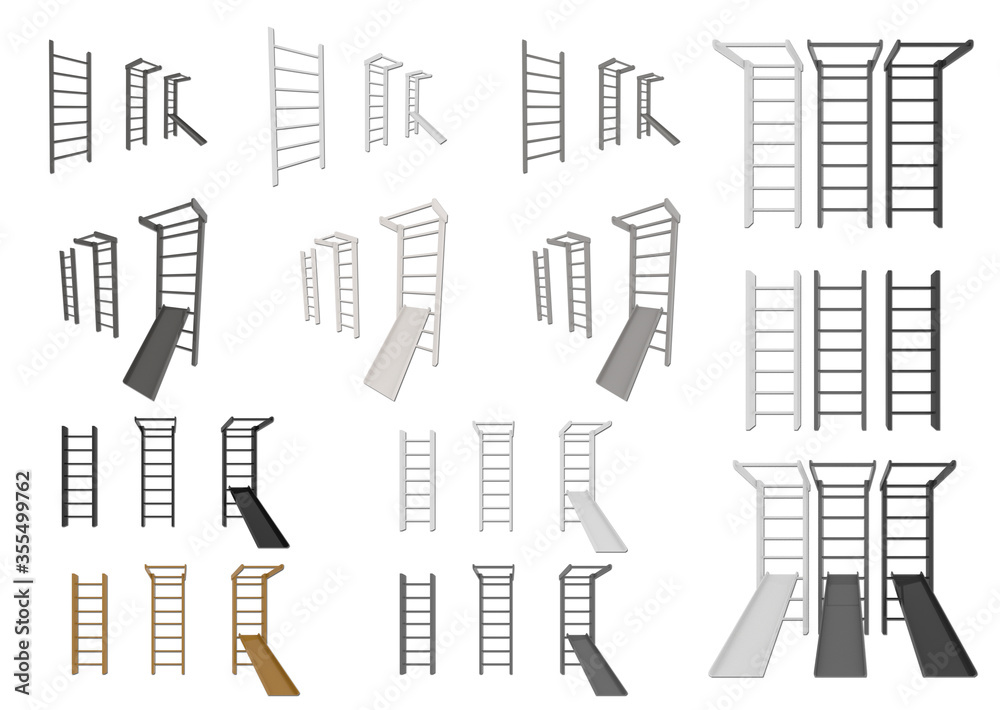 Set of swedish ladders isolated in different angles. 3D rendering wall ...