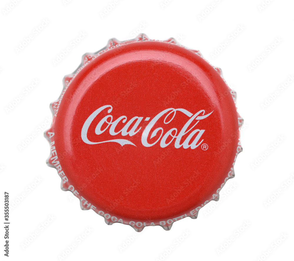 IRVINE, CALIFORNIA - 4 JUNE 2020: Closeup of a Coca-Cola bottle cap on ...