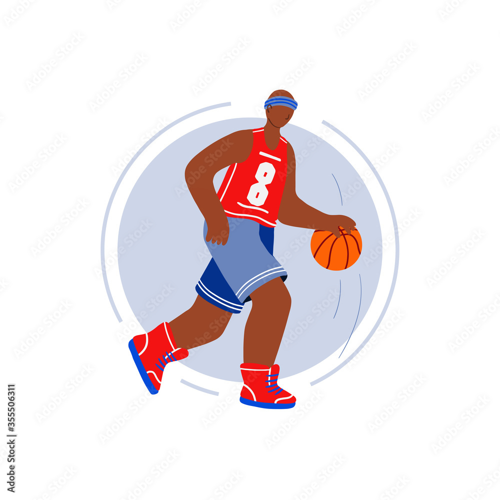 Basketball player flat hand drawn vector illustration. Athlete hitting ...