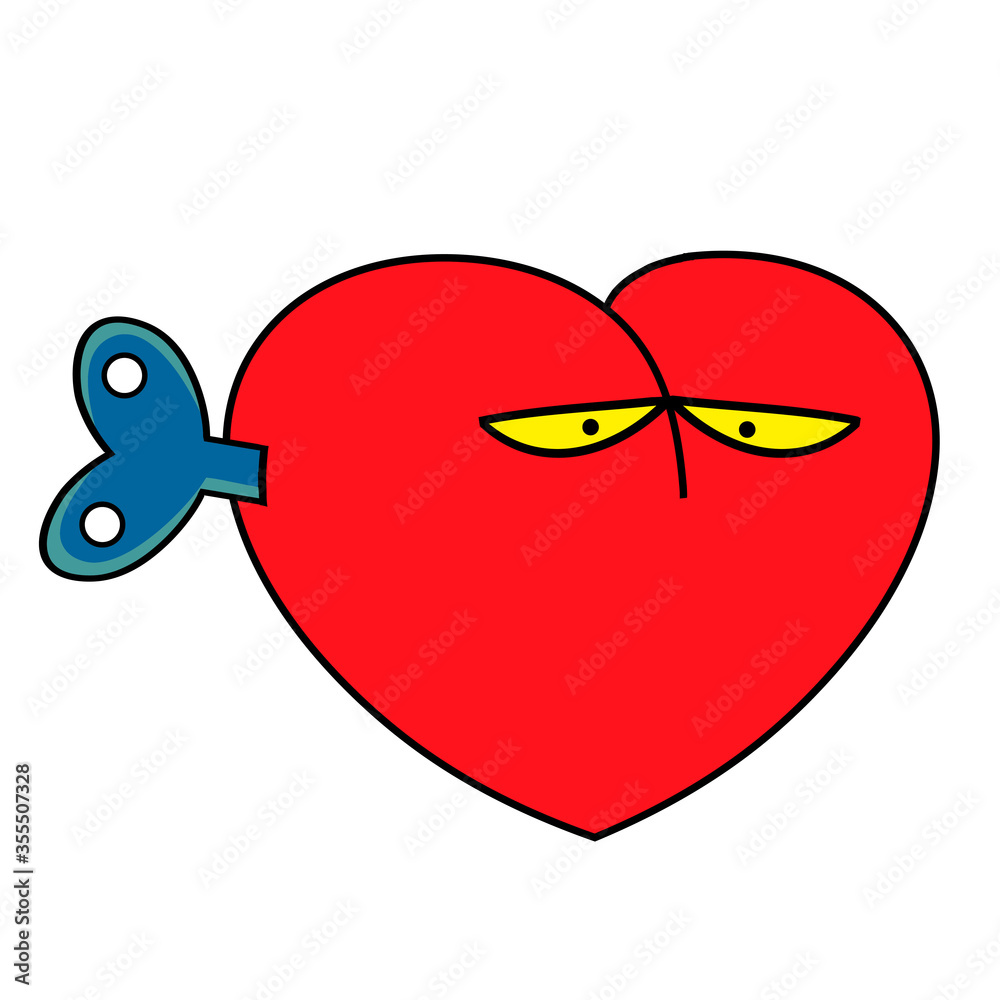 Heart sad cartoon character. Vector illustration of a red mechanical ...