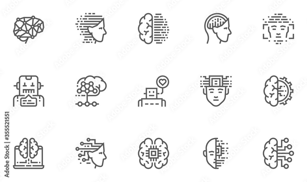 Artificial Intelligence Vector Line Icons Set. Face Recognition, Android, Humanoid Robot ...