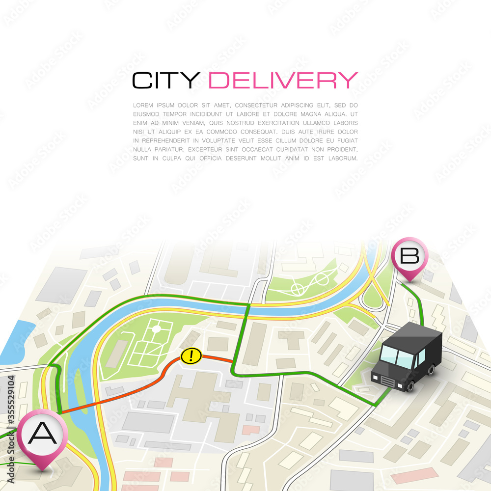 City map navigation route, point markers delivery van, 3d drawing ...