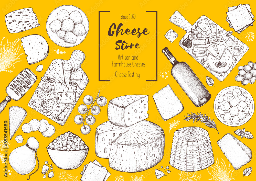 Cheese and wine design template. Hand drawn sketch. Retro food ...