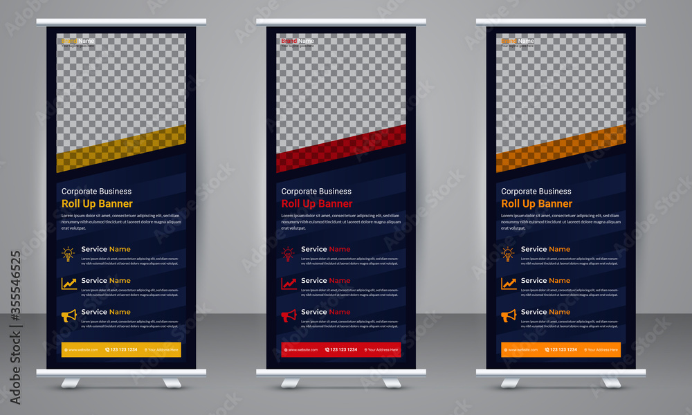 Corporate business Roll up banner template design with three color ...