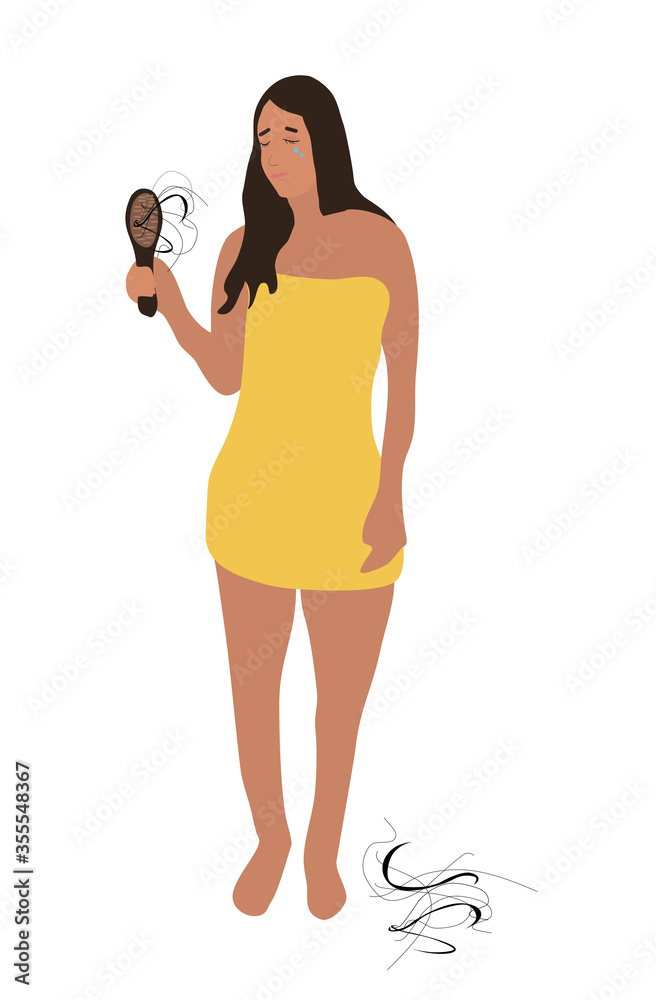 Hair problems.Cartoon sad girl holding a hairbrush in hand with hair ...