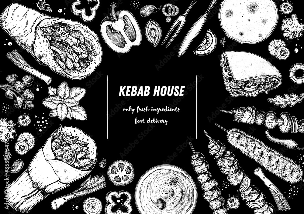 Vektorová grafika „Doner kebab and ingredients for kebab, sketch ... Vektorová grafika „Doner kebab and ingredients for kebab, sketch ...