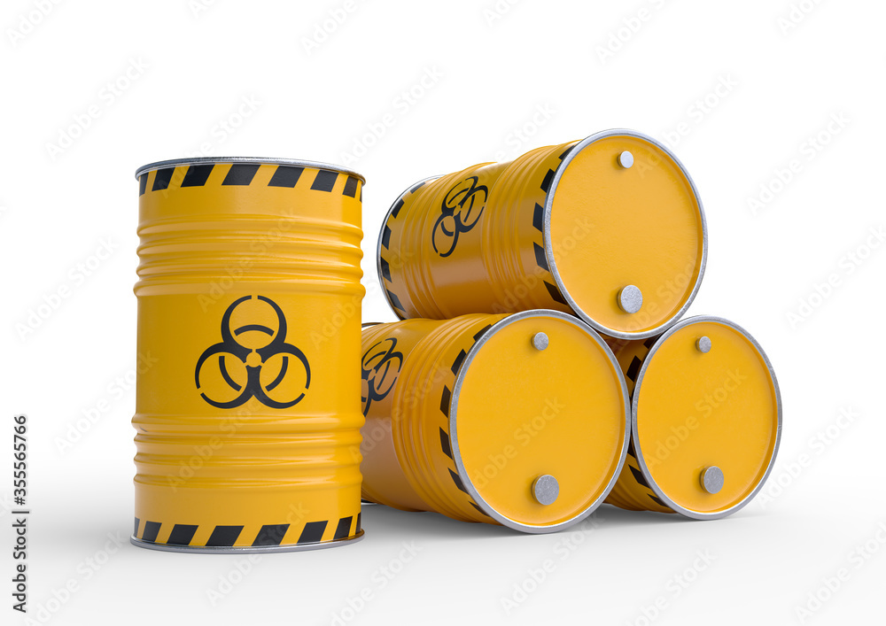 Biohazard waste yellow barrels with biohazard symbol, isolated on white ...