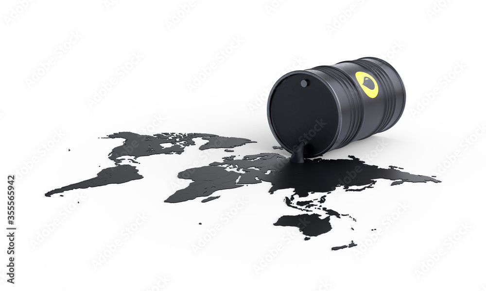 Black barrel from which oil spills. World map of spilled oil. Barrel ...