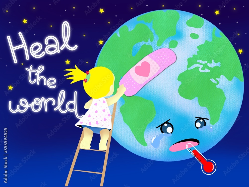 Heal the world theme, a little kid with band-aid applied on the globe ...