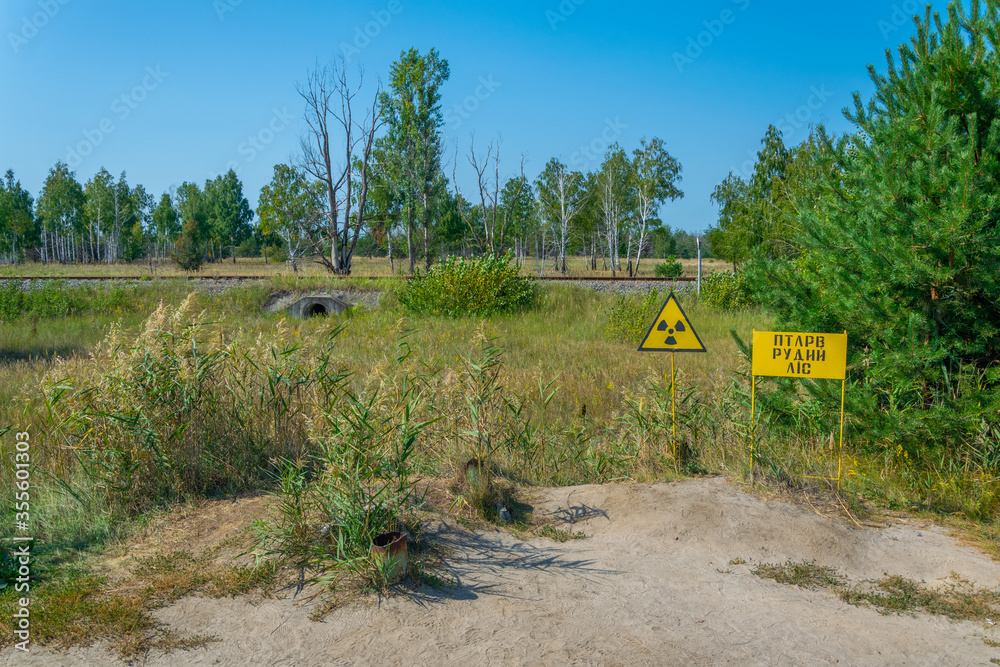 Yellow sign marking buried radioactive material in Chernobyl exclusion ...