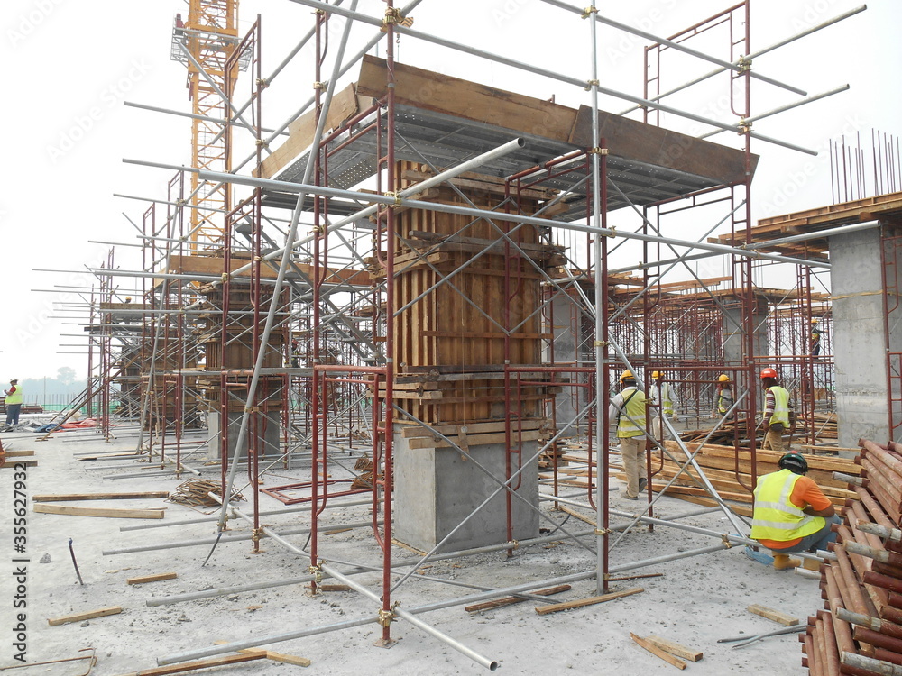 MALACCA, MALAYSIA -SEPTEMBER 19, 2016: Column timber form work and ...