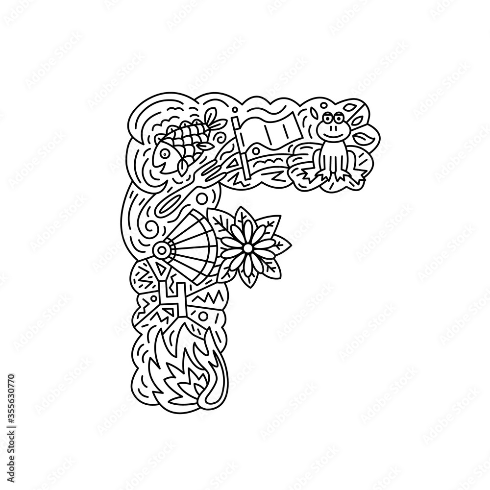 Alphabet. Letter F. Coloring. Cute objects isolated on a white ...