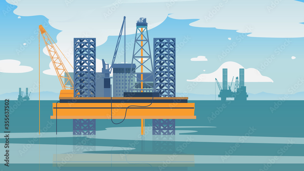 Modern Offshore Drilling Rig With Several Components. Silhouettes Of ...