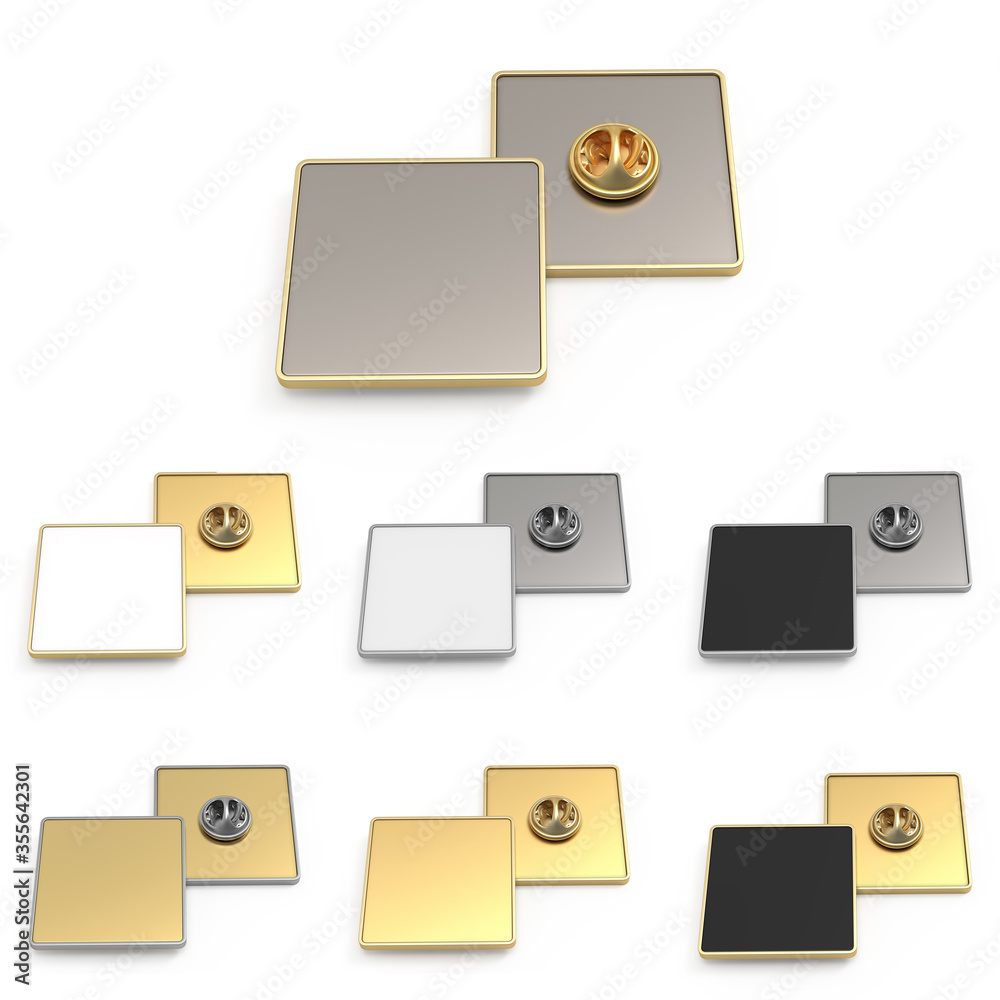 Empty metal square brooch. 3d mockup, template for presentation of ...