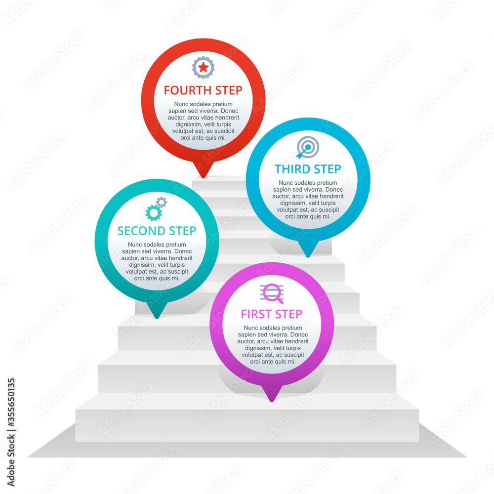 4 steps infographic - pins on stairs - vector presentation template ...
