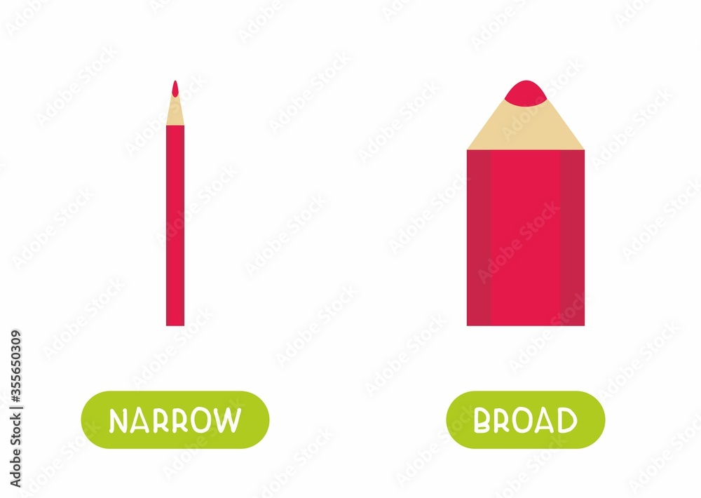 Narrow and broad antonyms word card flat vector template. Flashcard for ...