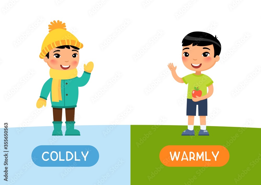 Opposites concept, COLDLY and WARMLY. Childish flash card with antonyms ...