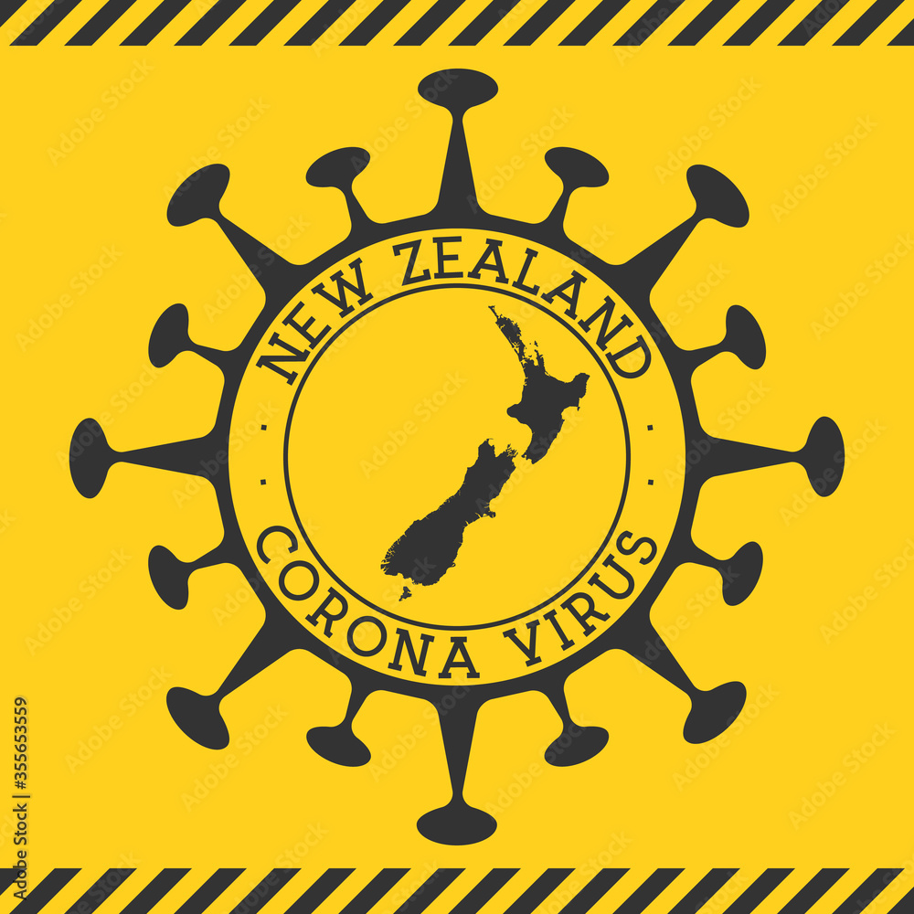 Corona virus in New Zealand sign. Round badge with shape of virus and ...