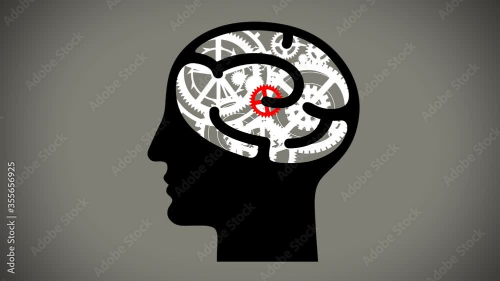 Animation of a black silhouette of a human head with moving brain gears ...