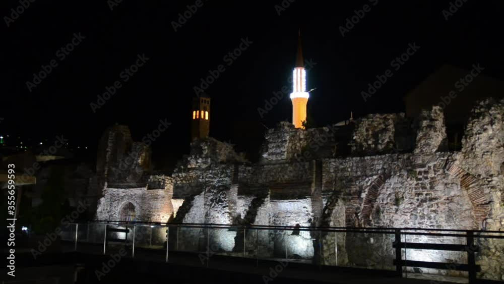 Mosque and Minaret illuminated by light at night during Ramadan. Old ...