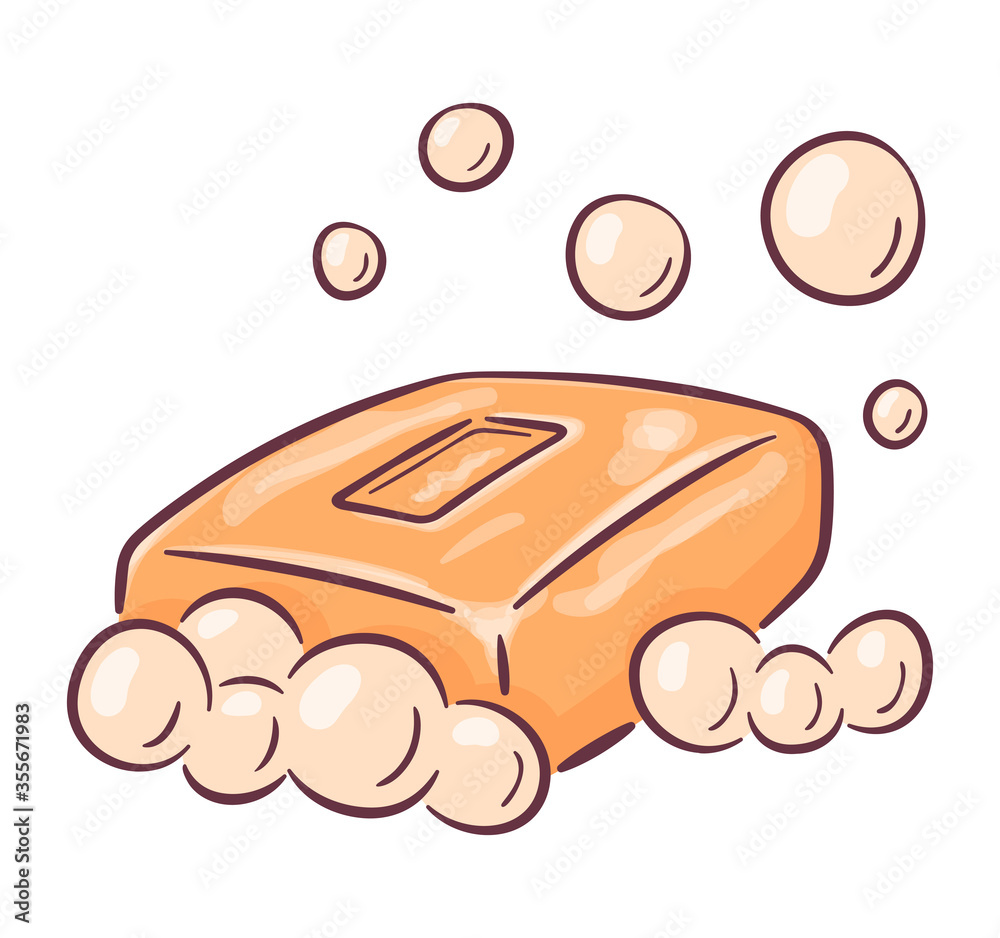 Hand drawn cartoon illustration of soap bar with bubbles. On white ...