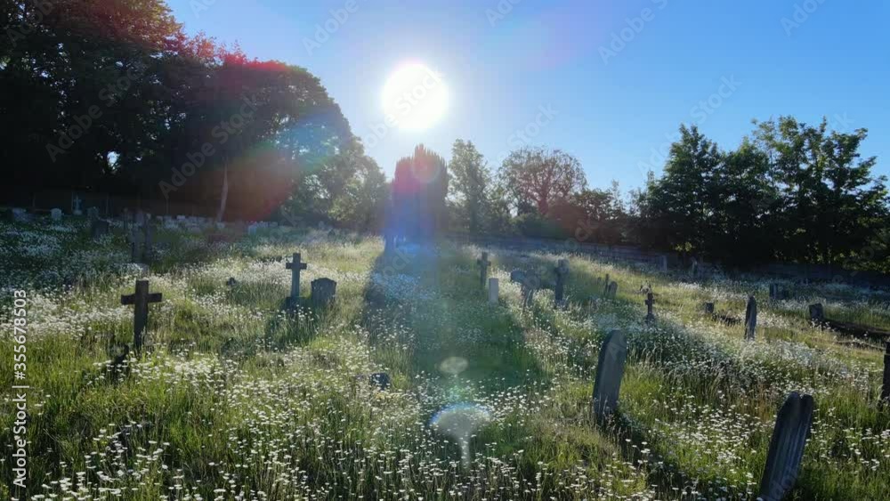 Graveyard drone shots. Tombs in a large cemetery with walkways between ...