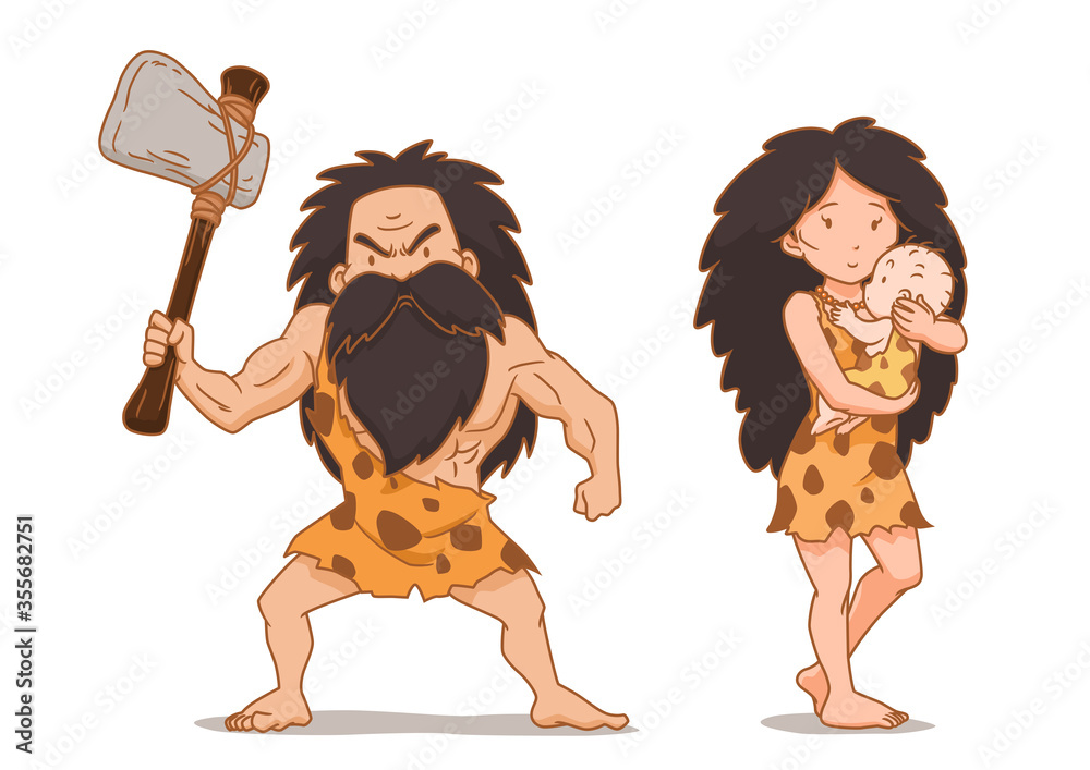 Cartoon Character Of Caveman Holding Stone Axe And Cavewoman Carrying