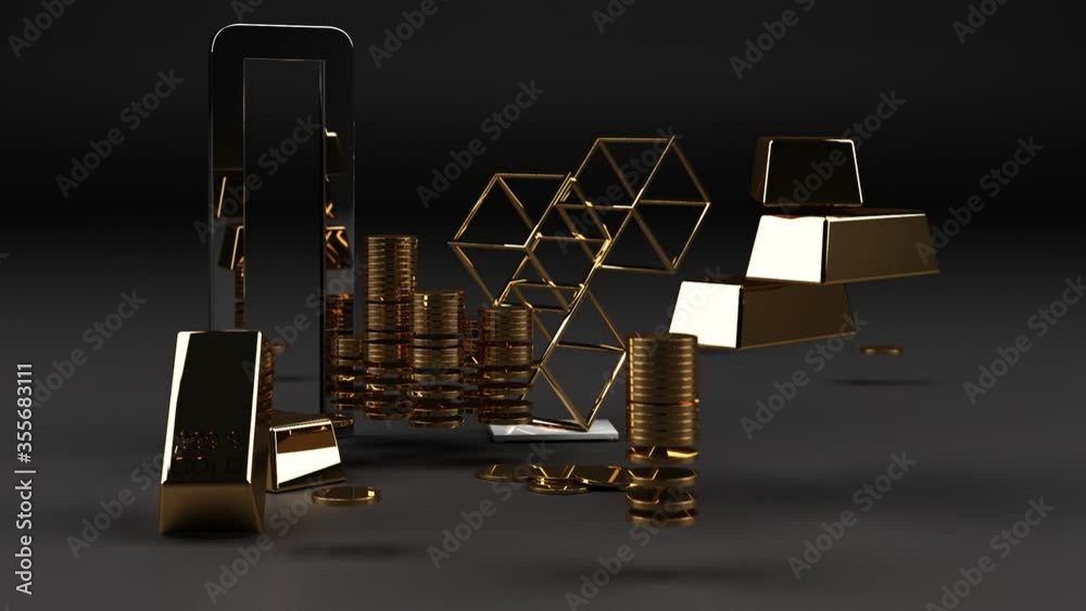 Gold bars, coins and riches. A scene of cluttered treasure and diamonds ...