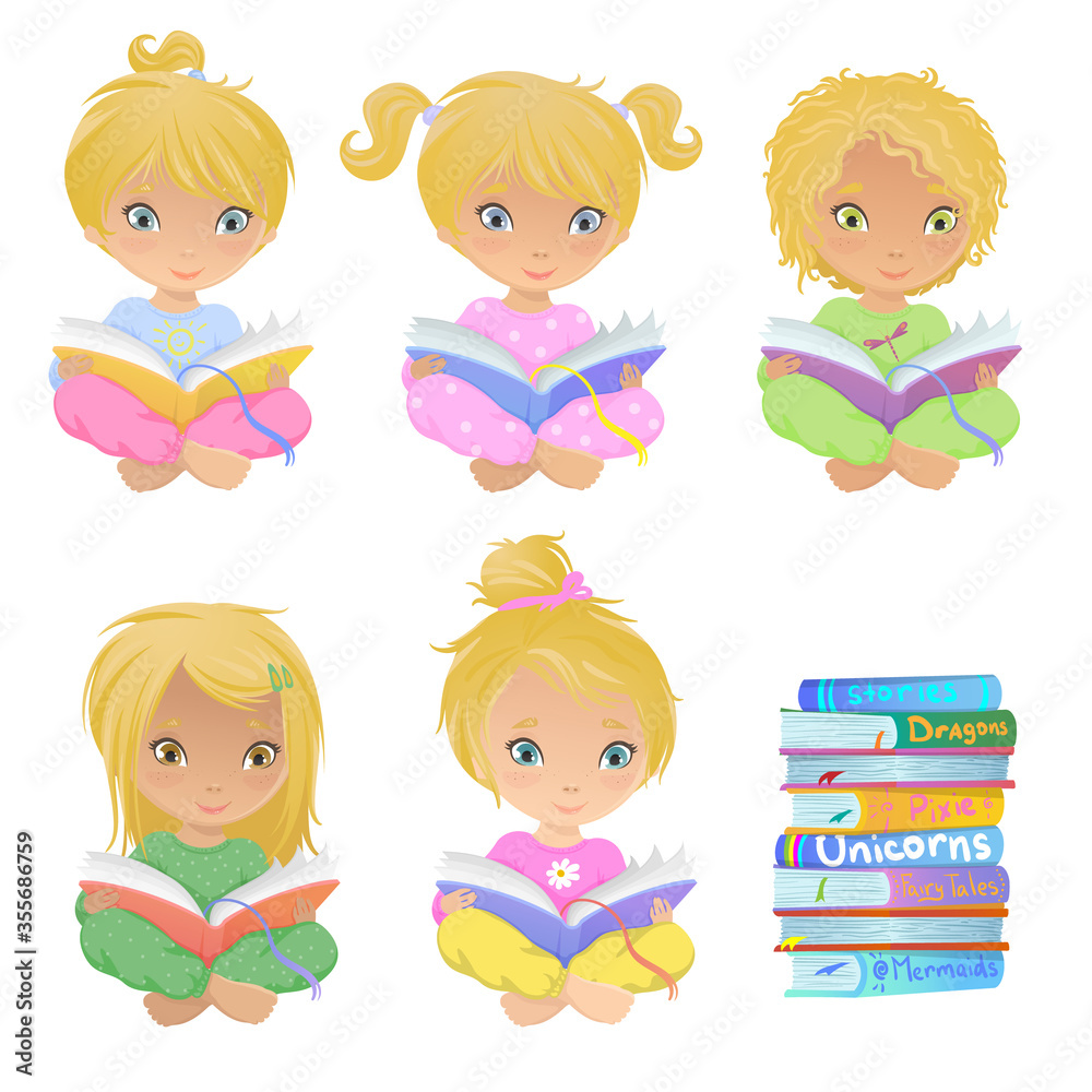 Vector illustration concept of cute little girls reading a book in ...