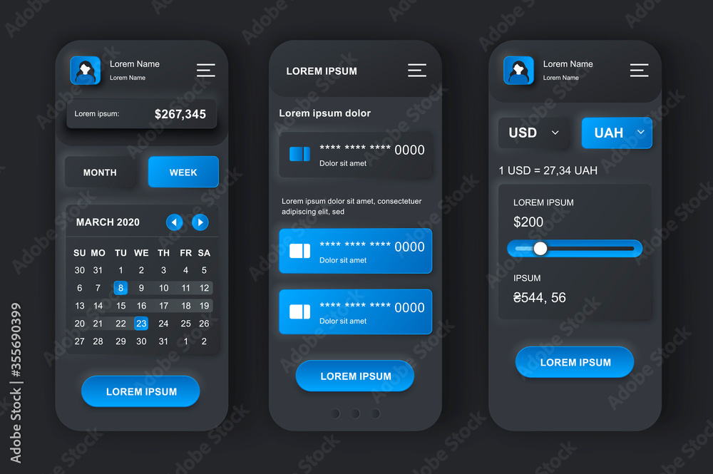 Personal finance management neumorphic design kit. Budgeting app with ...