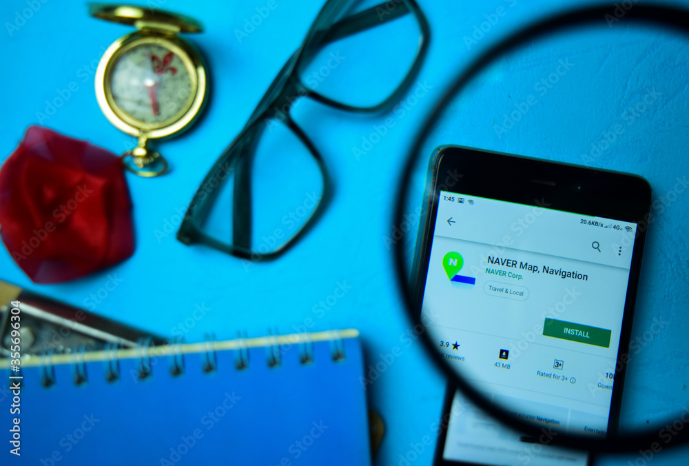 NAVER Map, Navigation dev app with magnifying on Smartphone screen. Map ...
