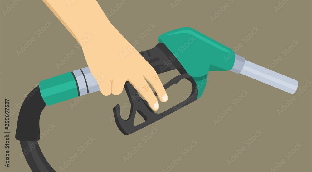Filling gasoline station pistol in hand. Refinery refueling petroleum ...