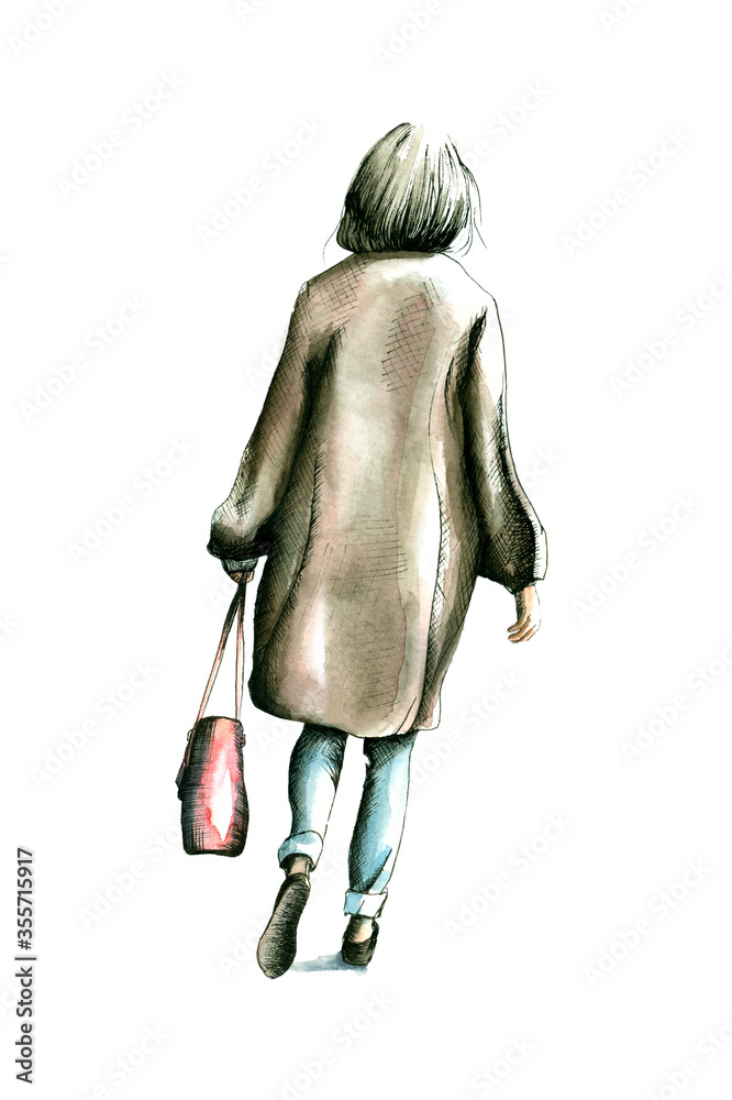 Passerby. Watercolor illustration of woman in coat with red bag that ...