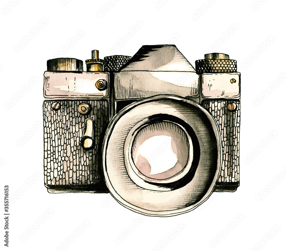 Watercolor retro camera. Sketch hand drawn illustration vintage style ...