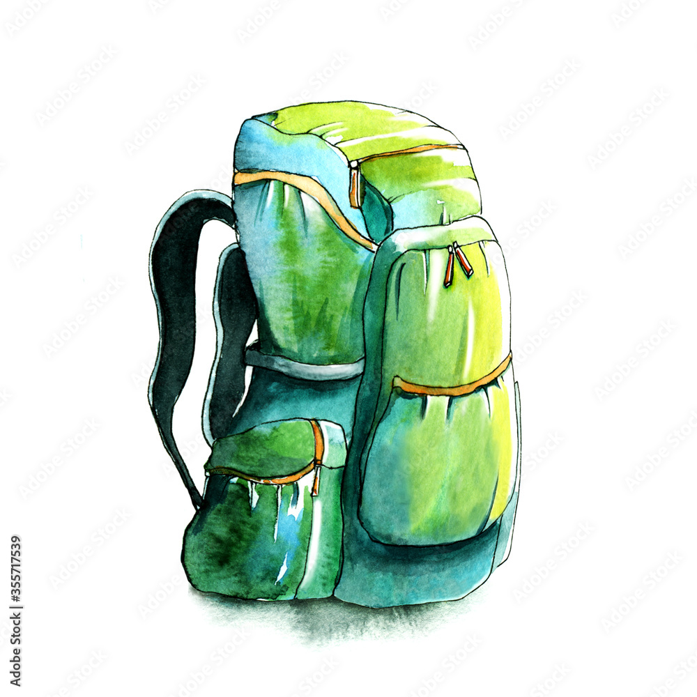 watercolor hiking camping backpack / Hand draw painted watercolor and ...
