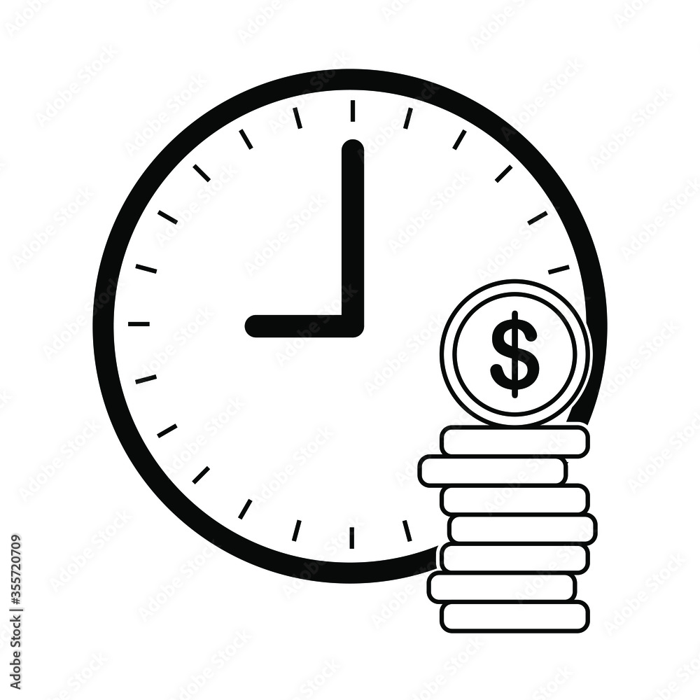 Clock with a stack of coins icon isolate vector illustration. Time is ...
