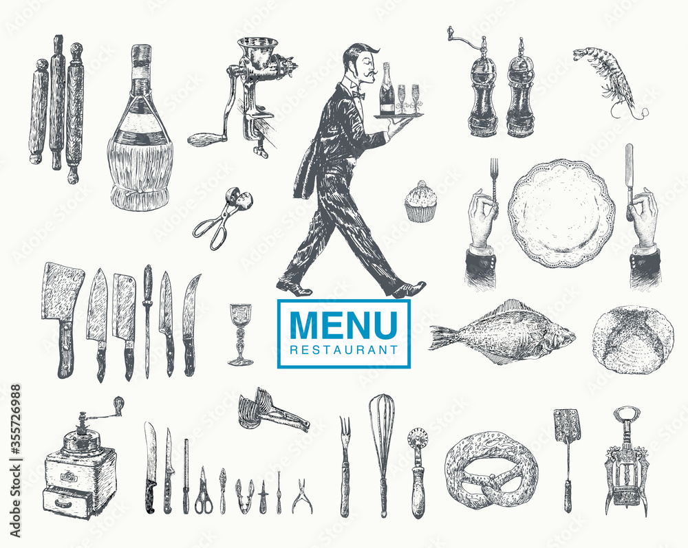 Vektorová grafika „Hand drawn vintage sketch big set of food and drinks ...