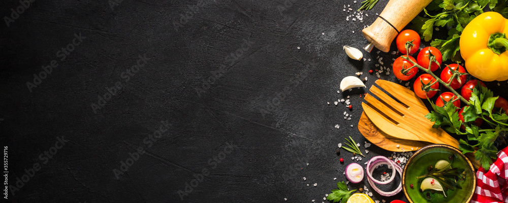 Food cooking background at black table top view. Stock Photo | Adobe Stock