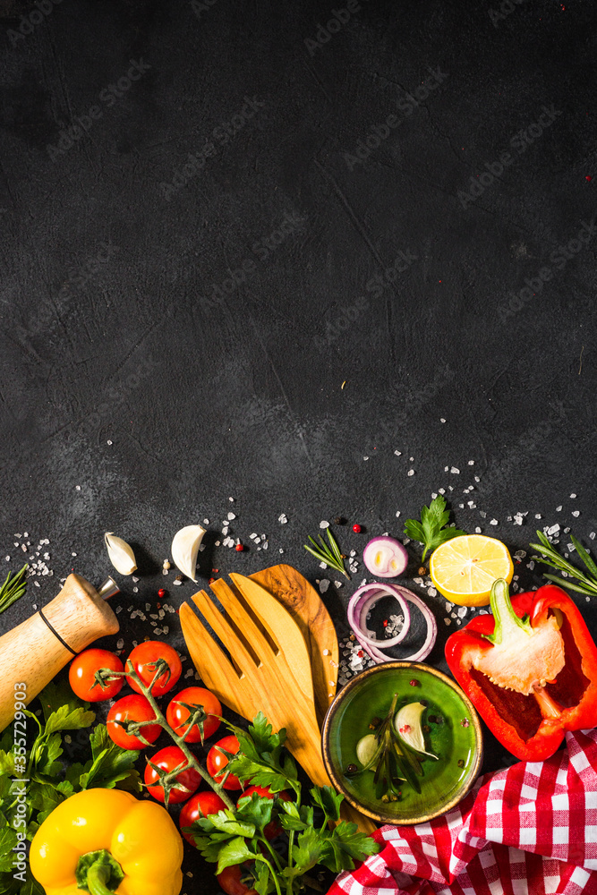 Food cooking background at black table top view. Stock Photo | Adobe Stock
