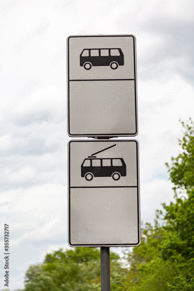 Blank white road signs of a bus and trolleybus stop for scheduling ...