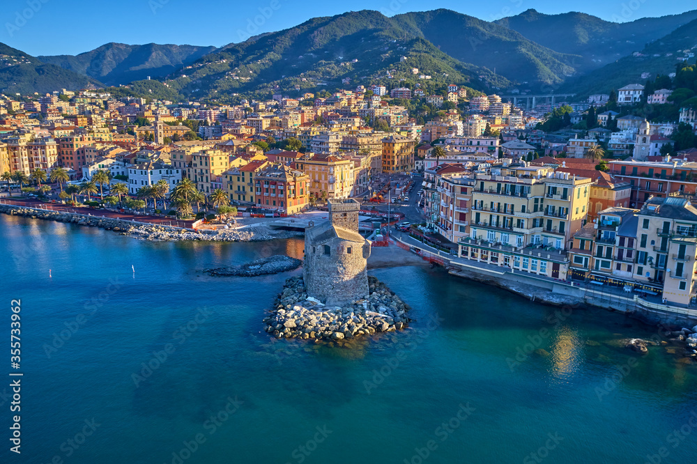 Panoramic aerial view of the bay of the tourist city of Rapallo, Genoa ...