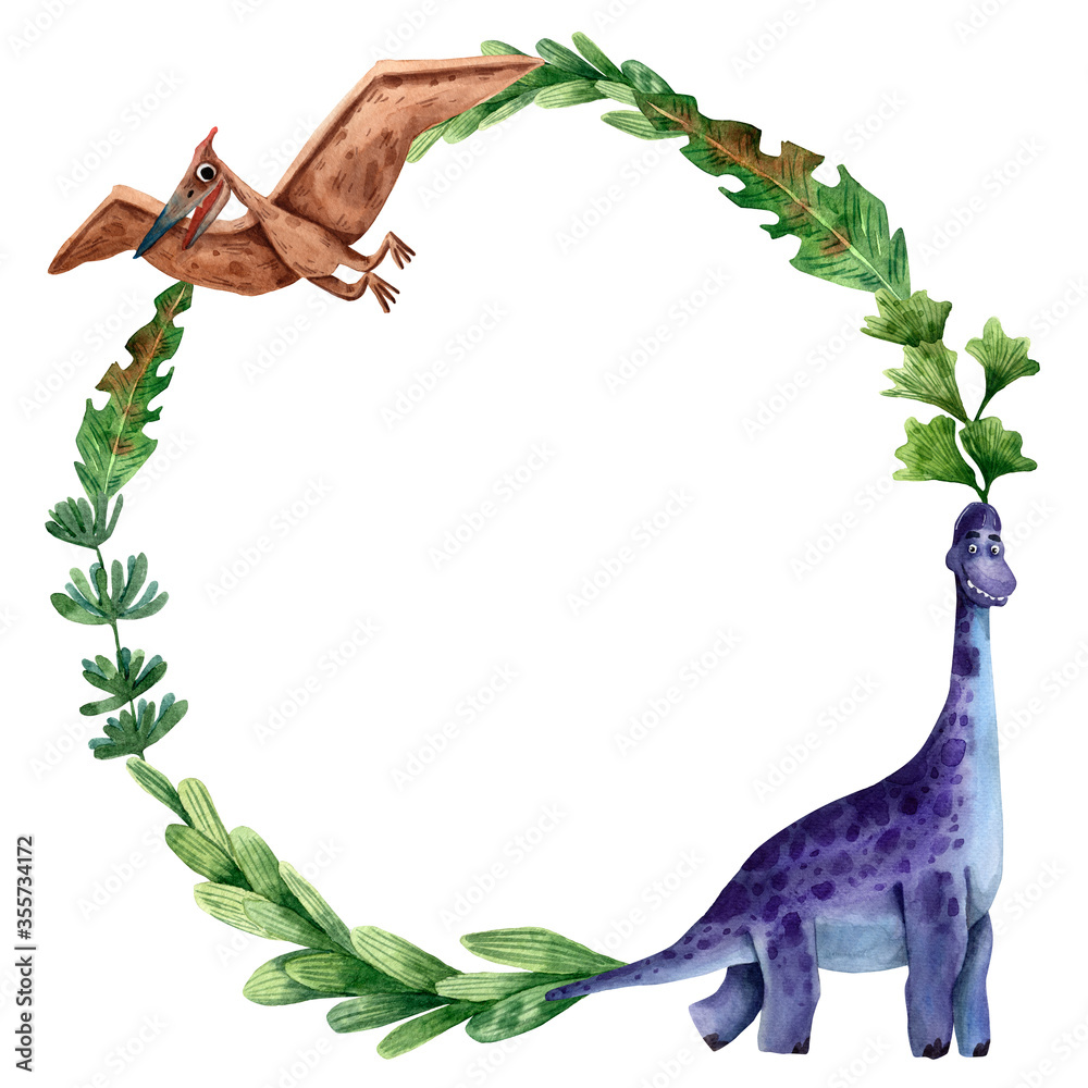 Hand drawn watercolor floral frame. Cute green dinosaur. Children ...