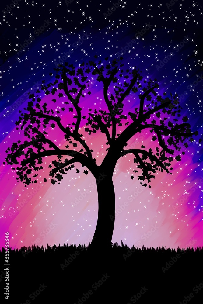 Paisagem árvore com fundo de céu estrelado colorido rosa roxo e azul ...