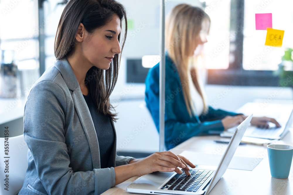 Two business women work with laptops on the partitioned desk in the ...