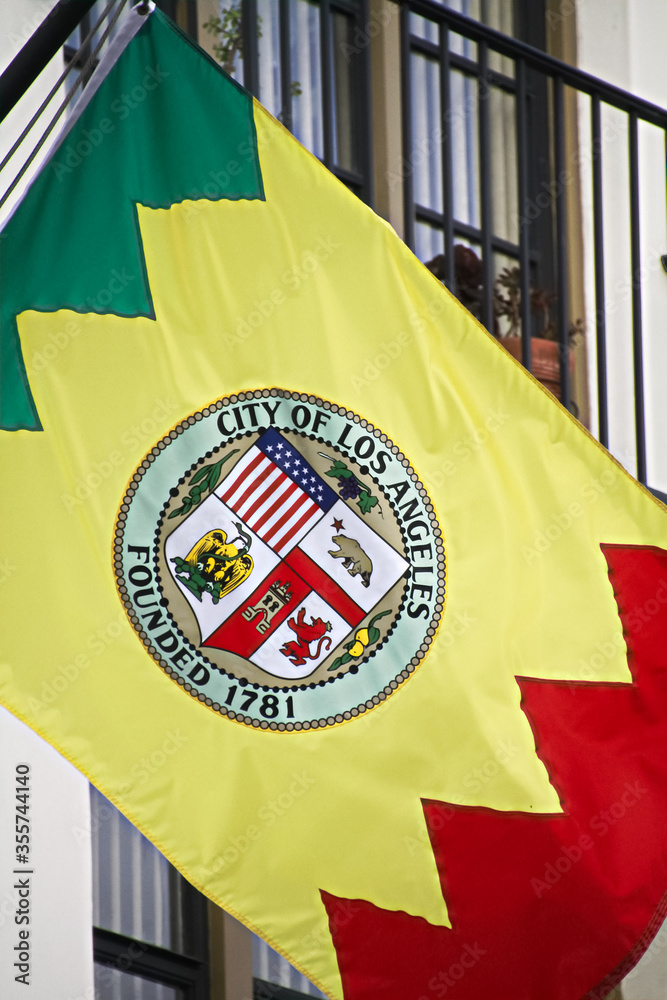 Waving of Flag of city of Los Angeles in downtown Los Angeles USA ...