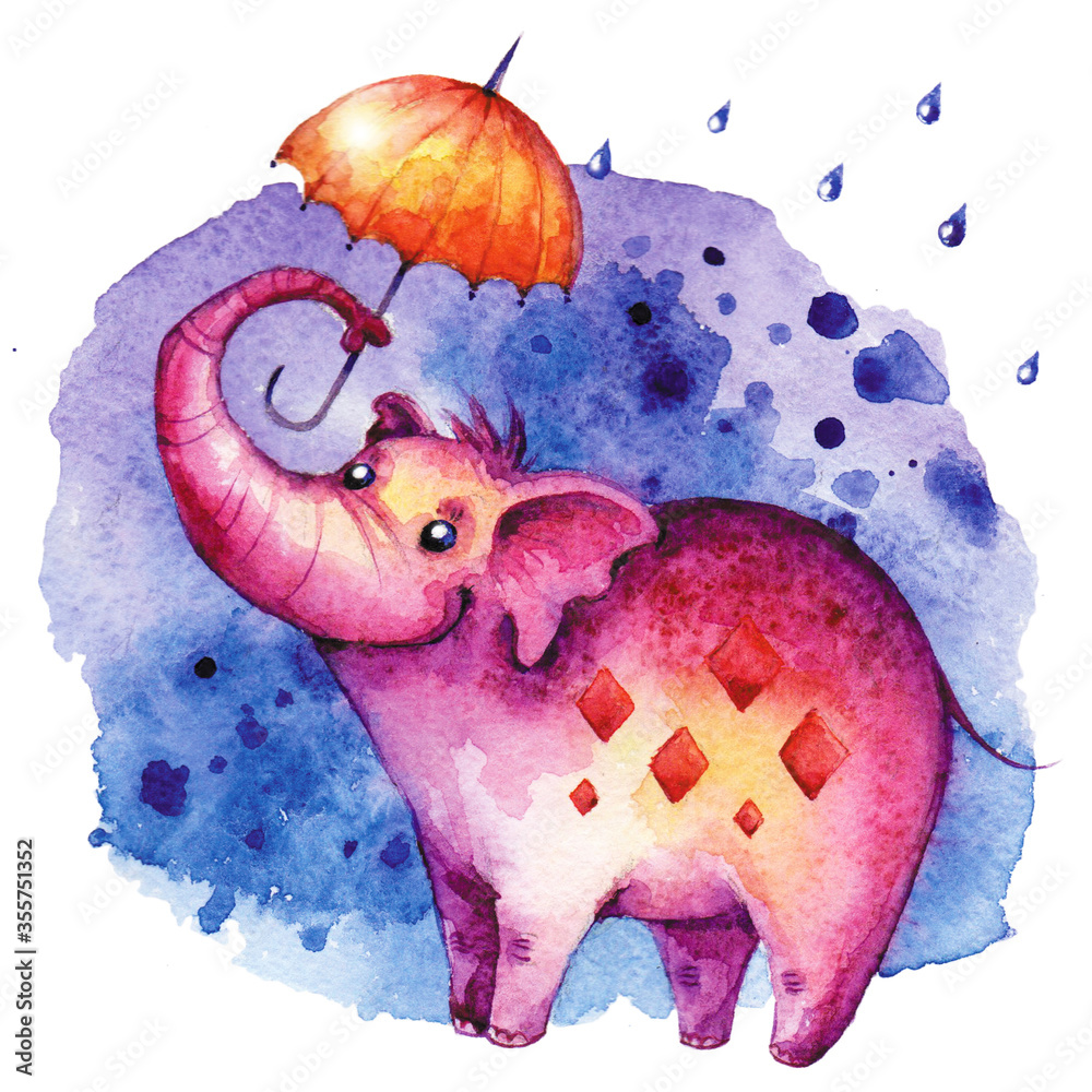Watercolor hand drawn illustration of the pink elephant under umbrella ...