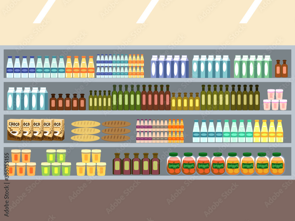 Vector cartoon background illustration of a supermarket interior ...