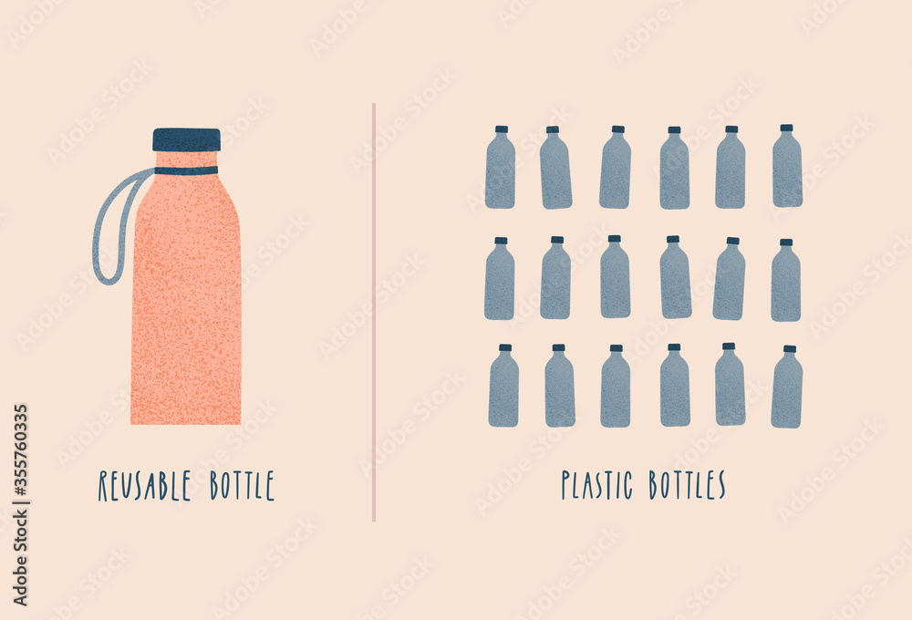 Reusable water bottle vs single use bottles. Stock Vector | Adobe Stock