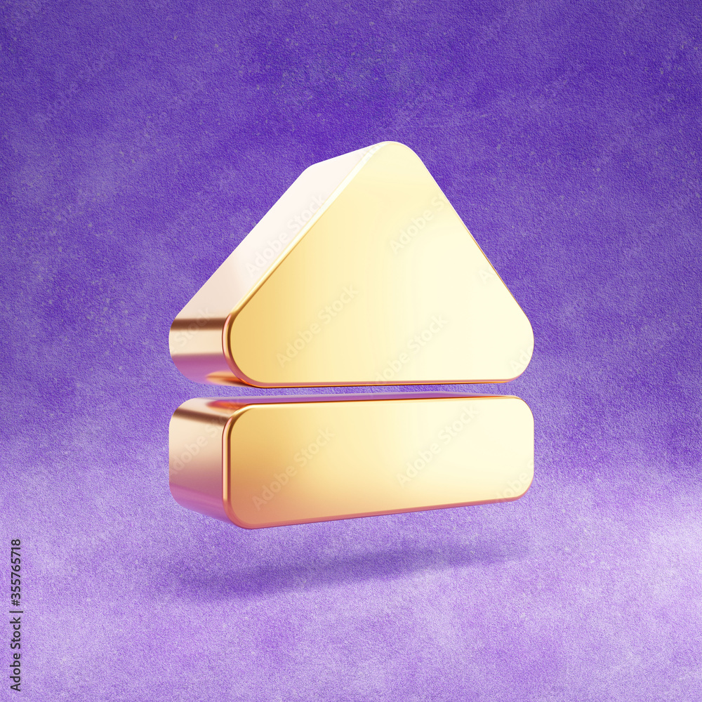 Eject icon. Gold glossy Eject symbol isolated on violet velvet ...